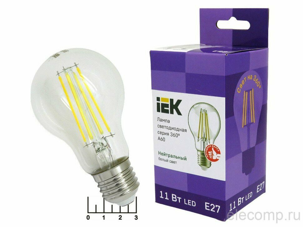 Лампа светодиодная 220V 11W E27 4000K белый A60 прозрачная филаментная ИЭК
