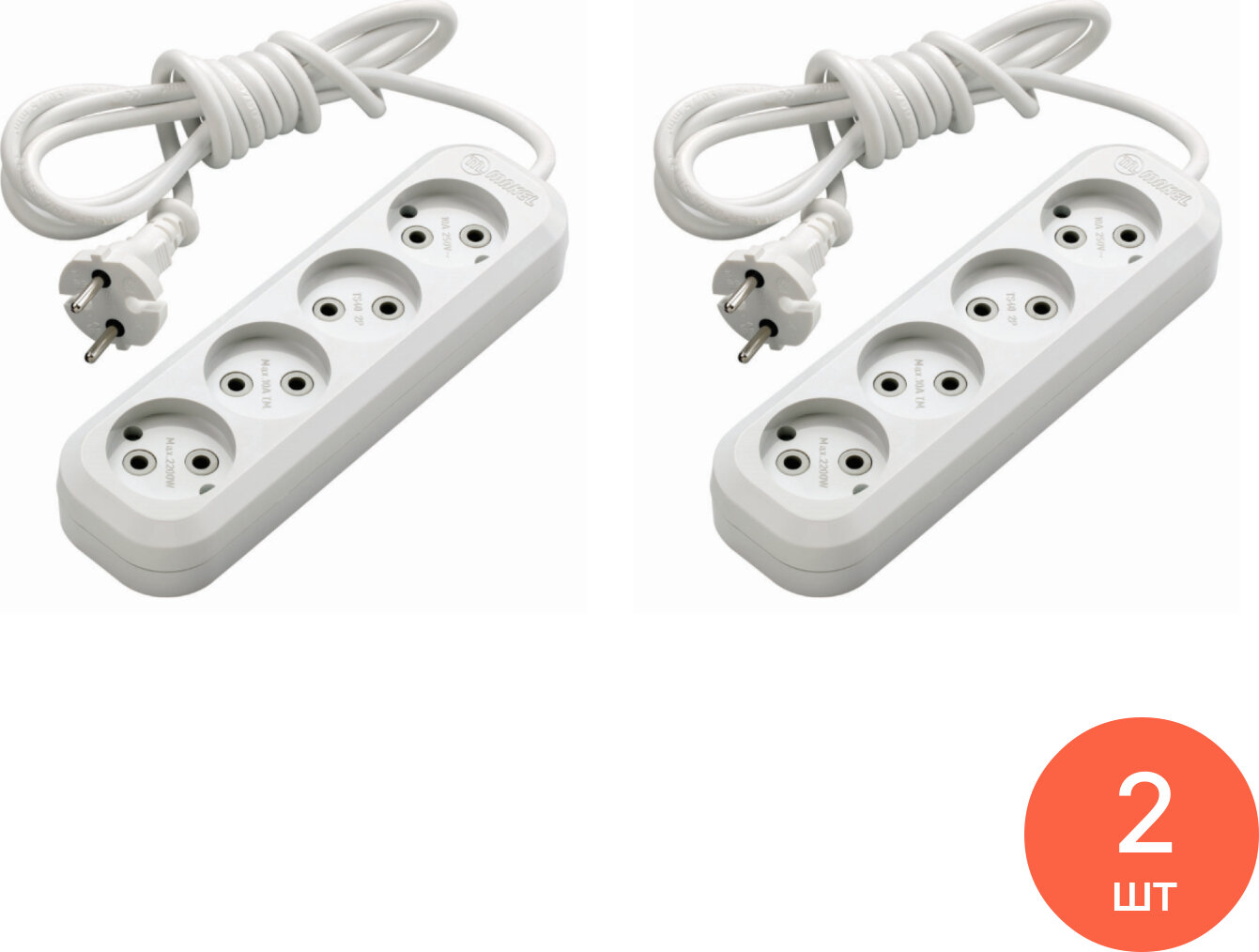 Удлинитель бытовой Makel / Макел ПВС 2х0.75мм2 без зазeмления, 10А 250В, 3 метра 4 розетки белый, MGP143 (комплект из 2 шт)