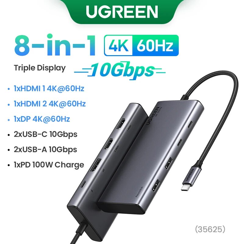 UGREEN USB-C концентратор 8-в-1 8-in-1 2HDMI 1DP