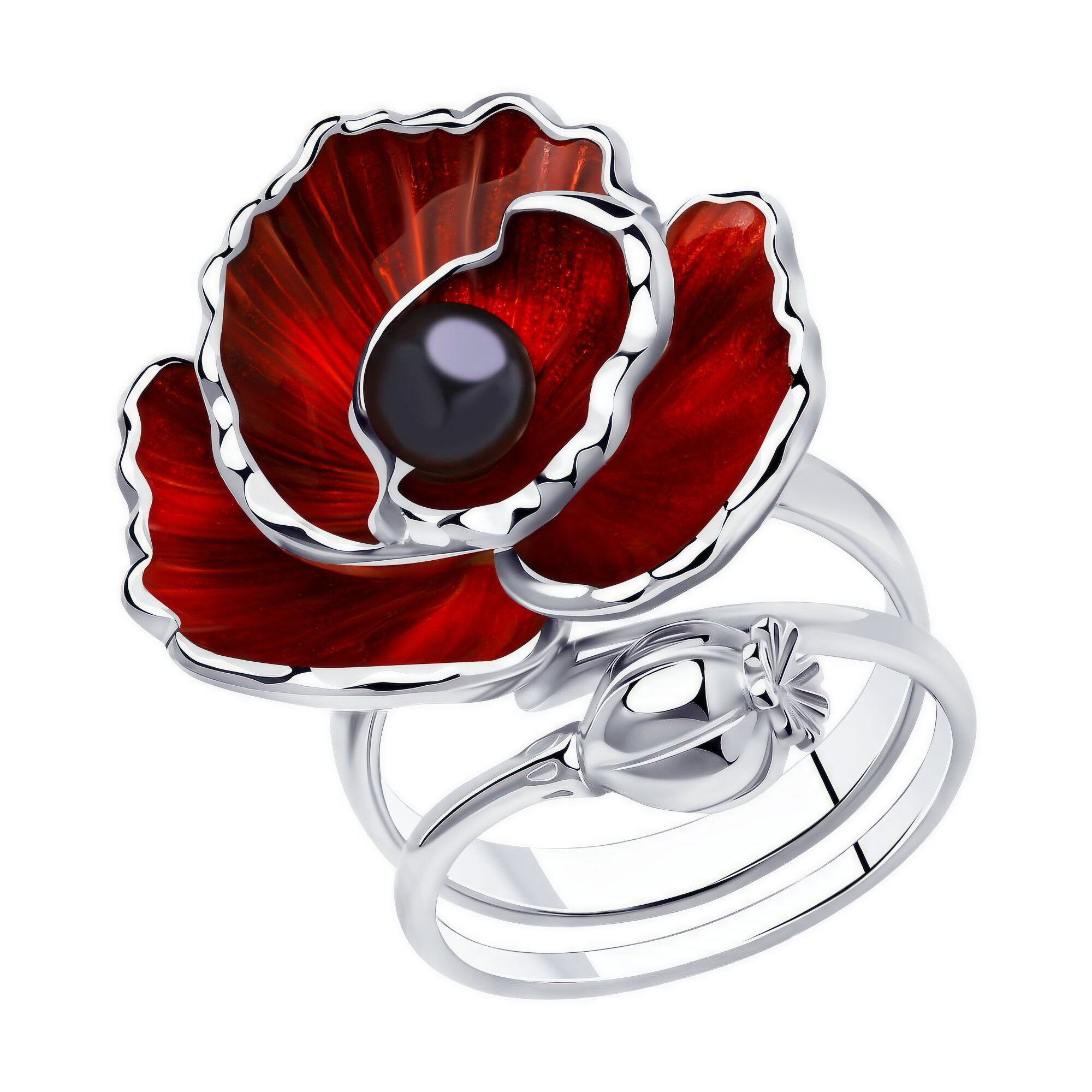 Кольцо, серебро, 925 проба, родирование, эмаль, жемчуг