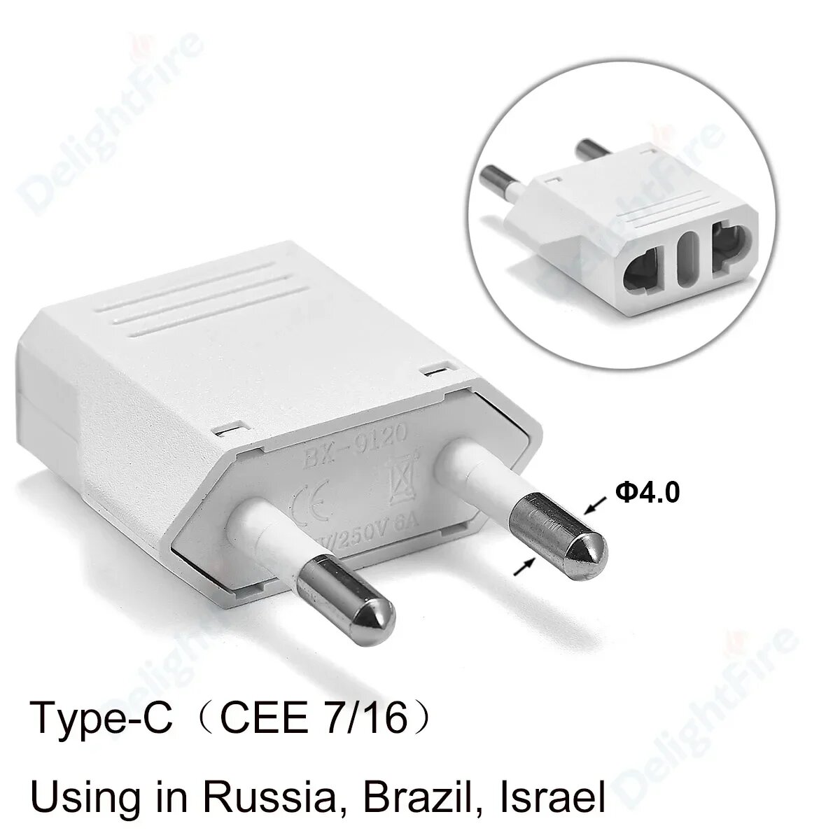 Переходник Type-C (CEE 7/16) EU 4.0mm white 3PCS