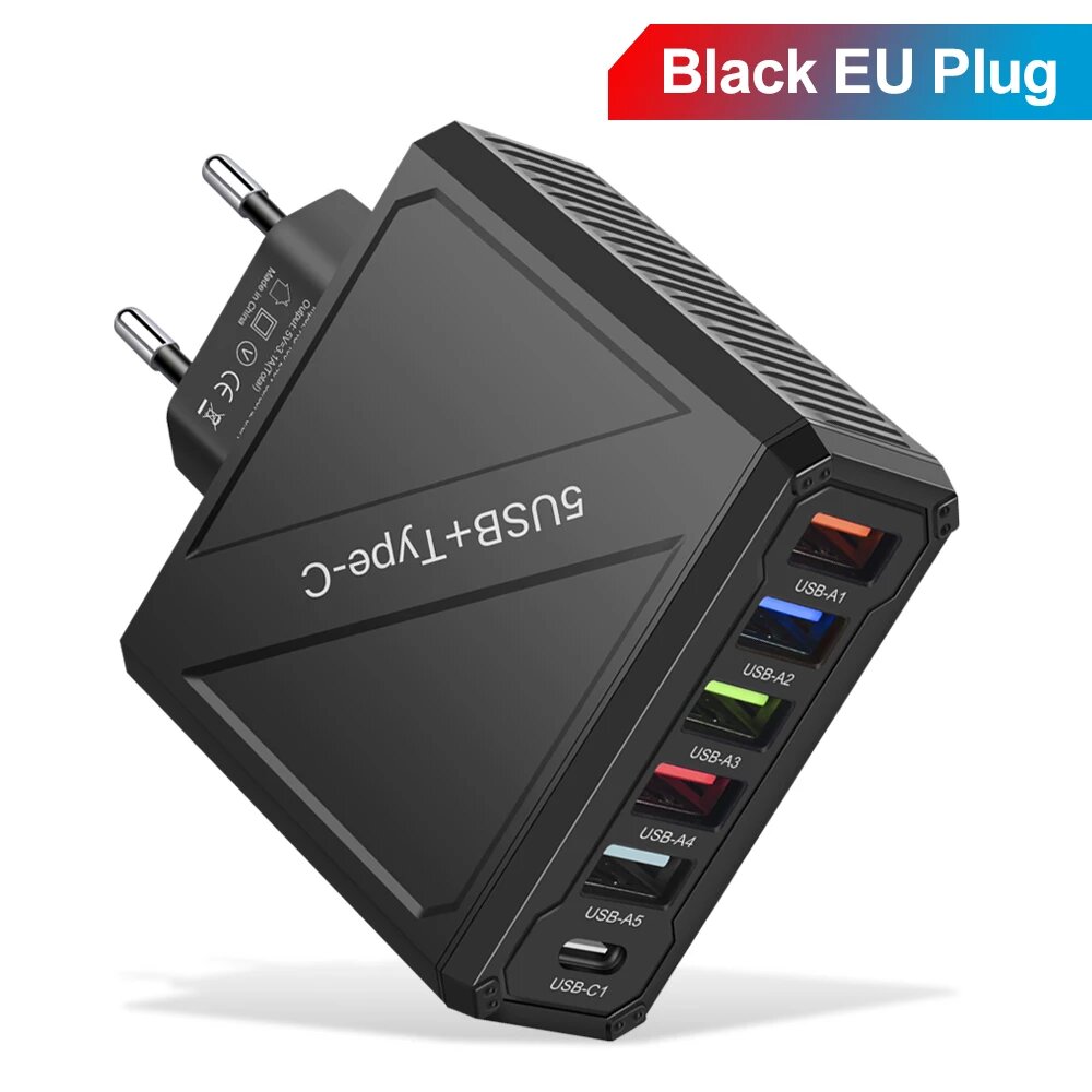 65 Вт, 5 портов, USB-зарядное устройство, адаптер для зарядки PD для Xiaomi iPhone EU Black Plug