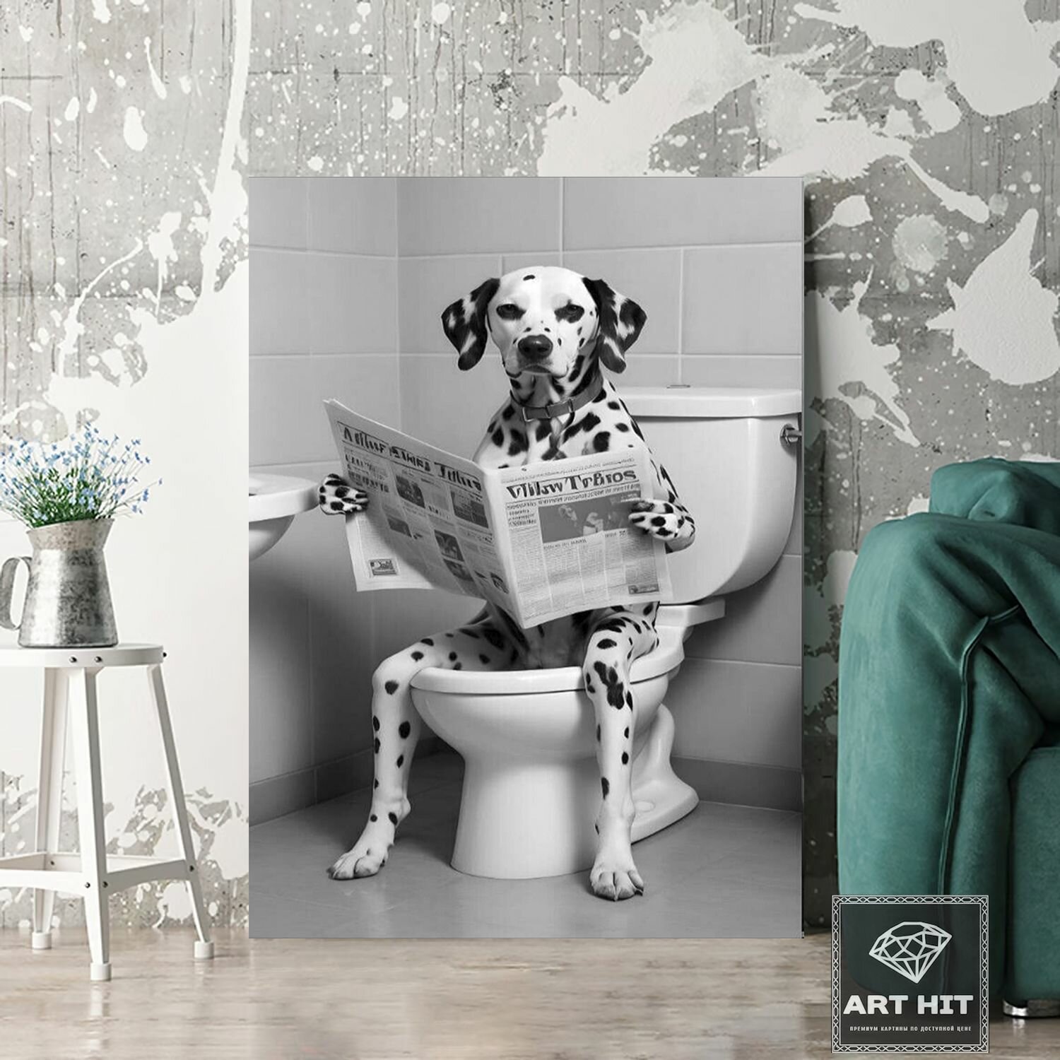 Картина в туалет, ванную комнату, Далматинец читает газету