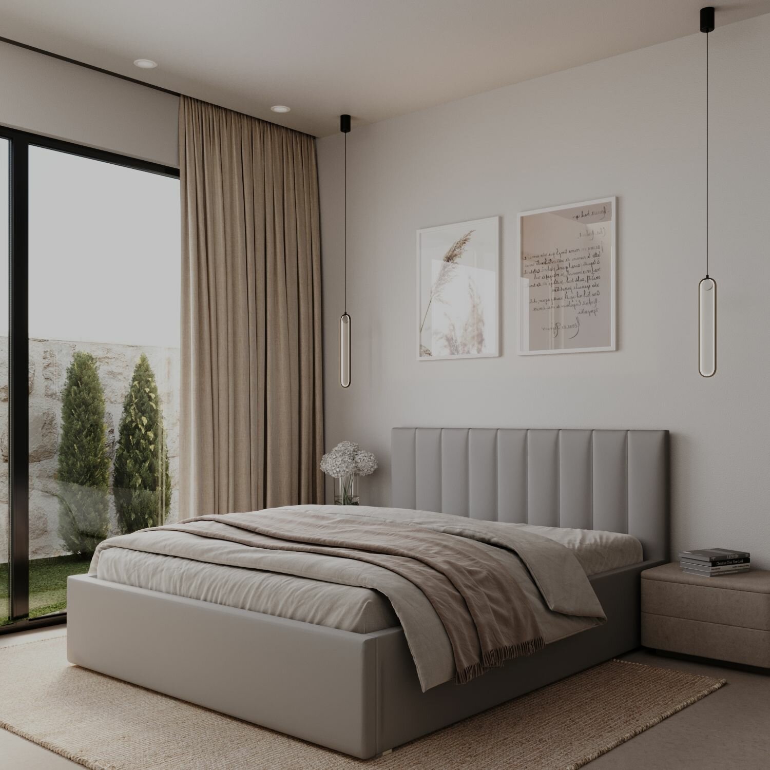 Кровать с матрасом 140х200 двуспальная с подъемным механизмом, с ящиком для белья, светло-серая