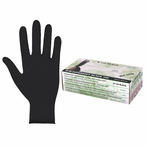 Перчатки нитриловые смотровые SFM Supersoft N136, Германия, 100 пар (200 шт.), размер L (большой), черные