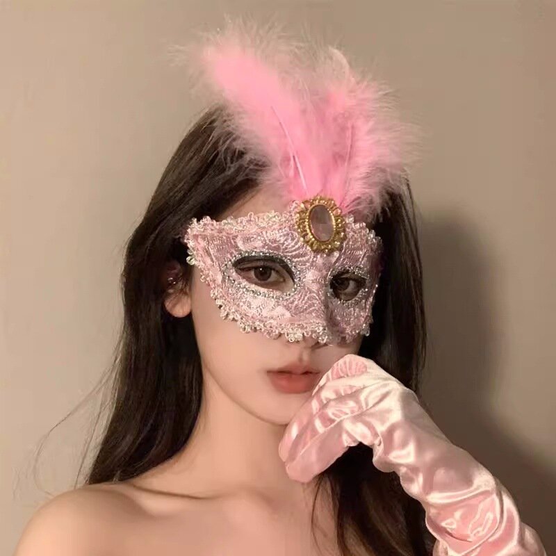 Маска для макияжа MJ, розовое перо, на половину лица, для Хэллоуина