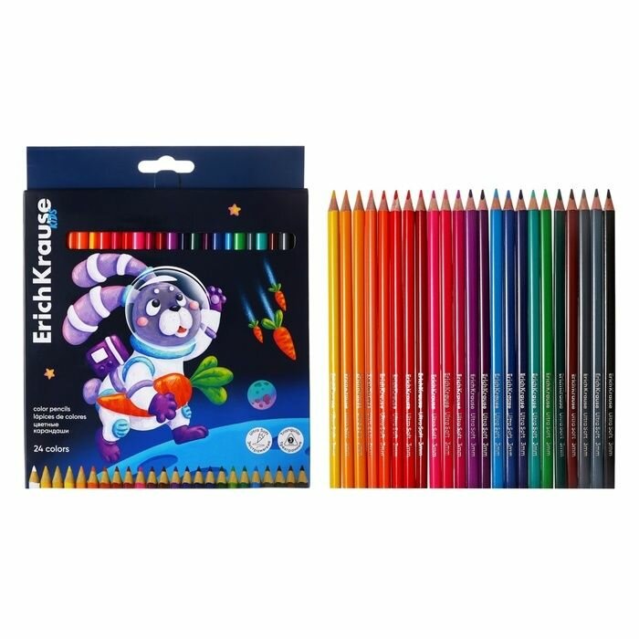 Цветные карандаши Erich Krause 24 цветов Kids Space Animals, трехгранные, деревянные, европодвес (61788)