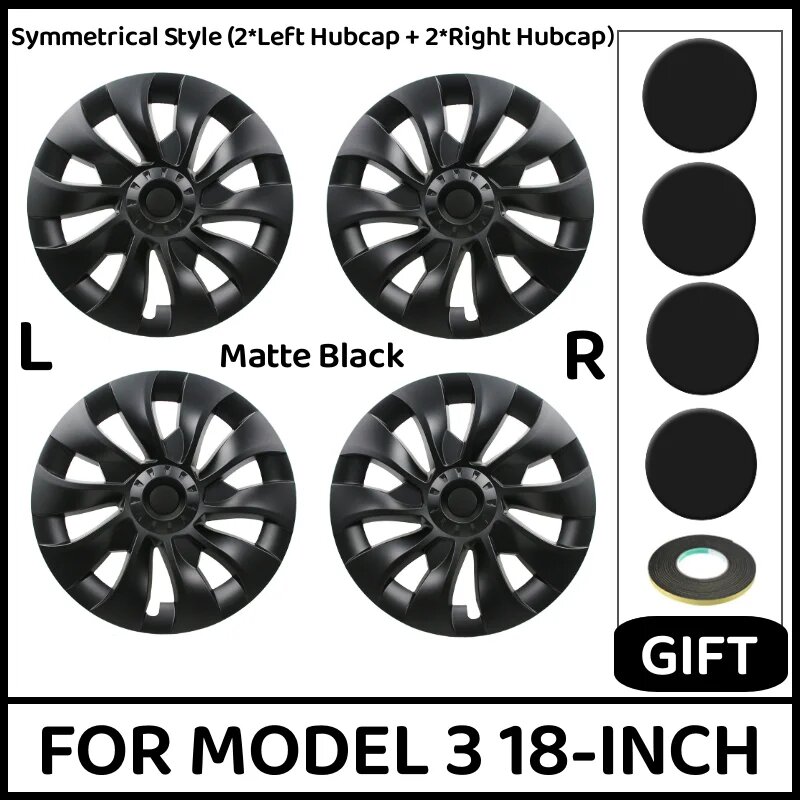 4 шт, 18-дюймовые колпаки на колеса, автомобильная крышка ступицы, сменная крышка ступицы колеса, полная крышка обода для Tesla Model 3 2023, аксессуары L-R Matte Black