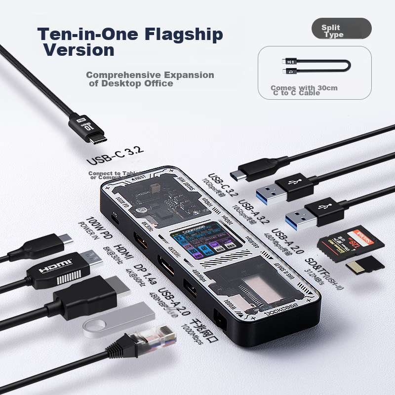 DOCKCASE Multi-Case with Screen Smart Type-C Expansion Dock for MacBook, Apple Computer Converter, USB-C to HDMI High-Definition 8K Screen Mirroring Laptop Desktop Expansion Dock