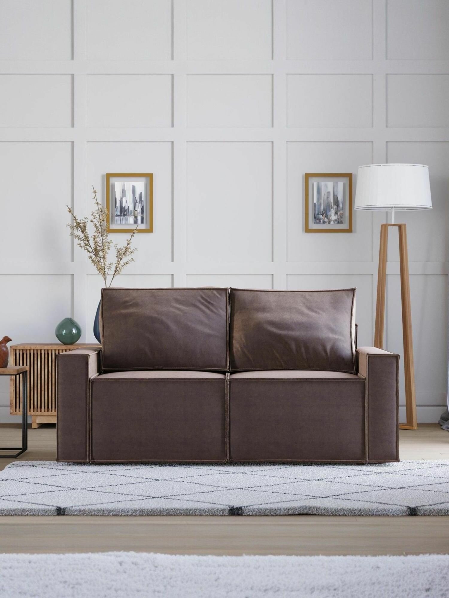 Прямой диван Manons Maison MINI, раскладной механизм Еврокнижка, Велюр Коричневый, 170х102х95 см