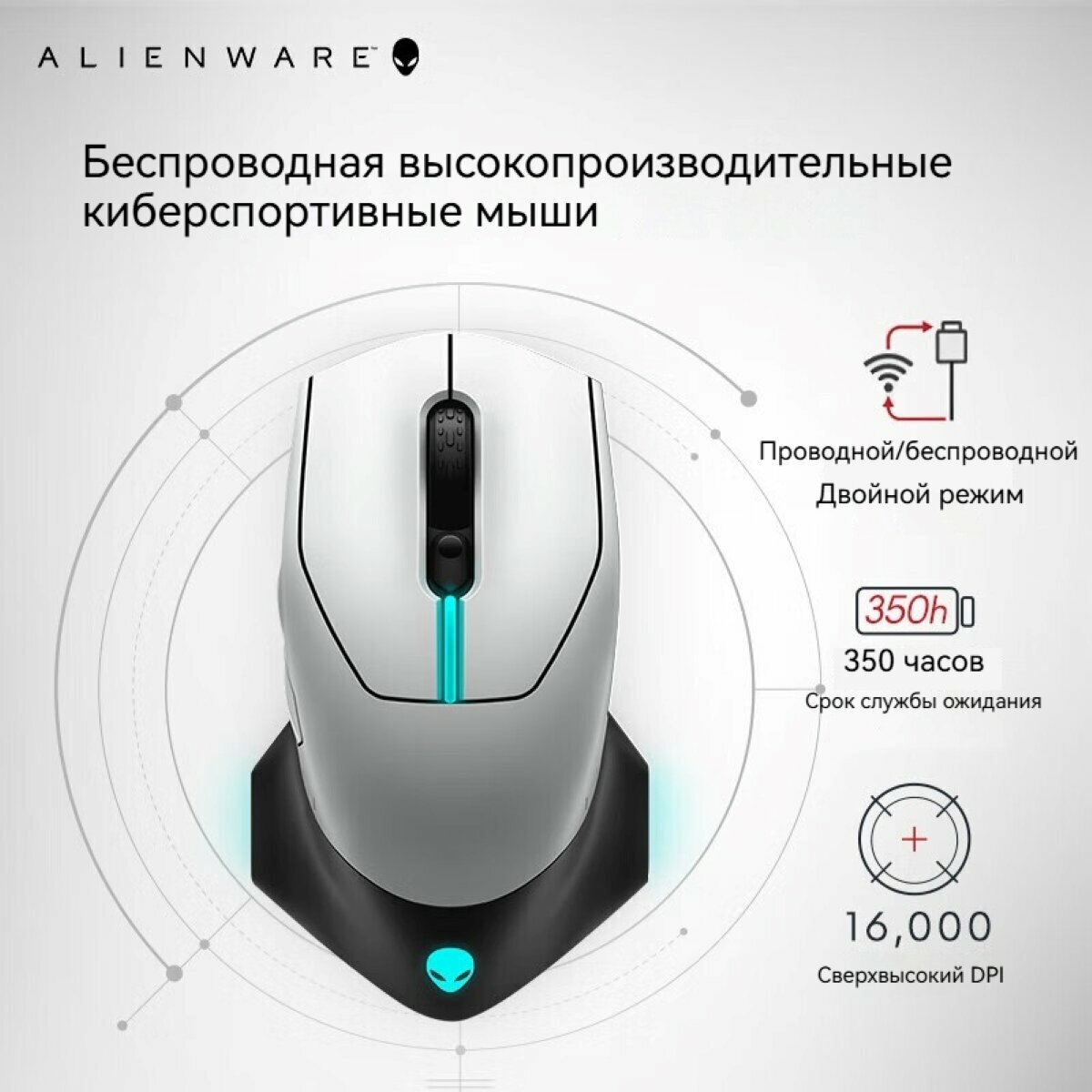 Dell Мышь Dell Mouse AW610M Alienware/ Gaming/ Wired/Wireless/ USB/ Optical/ 16000 dpi/ 7 butt/ Lunar light