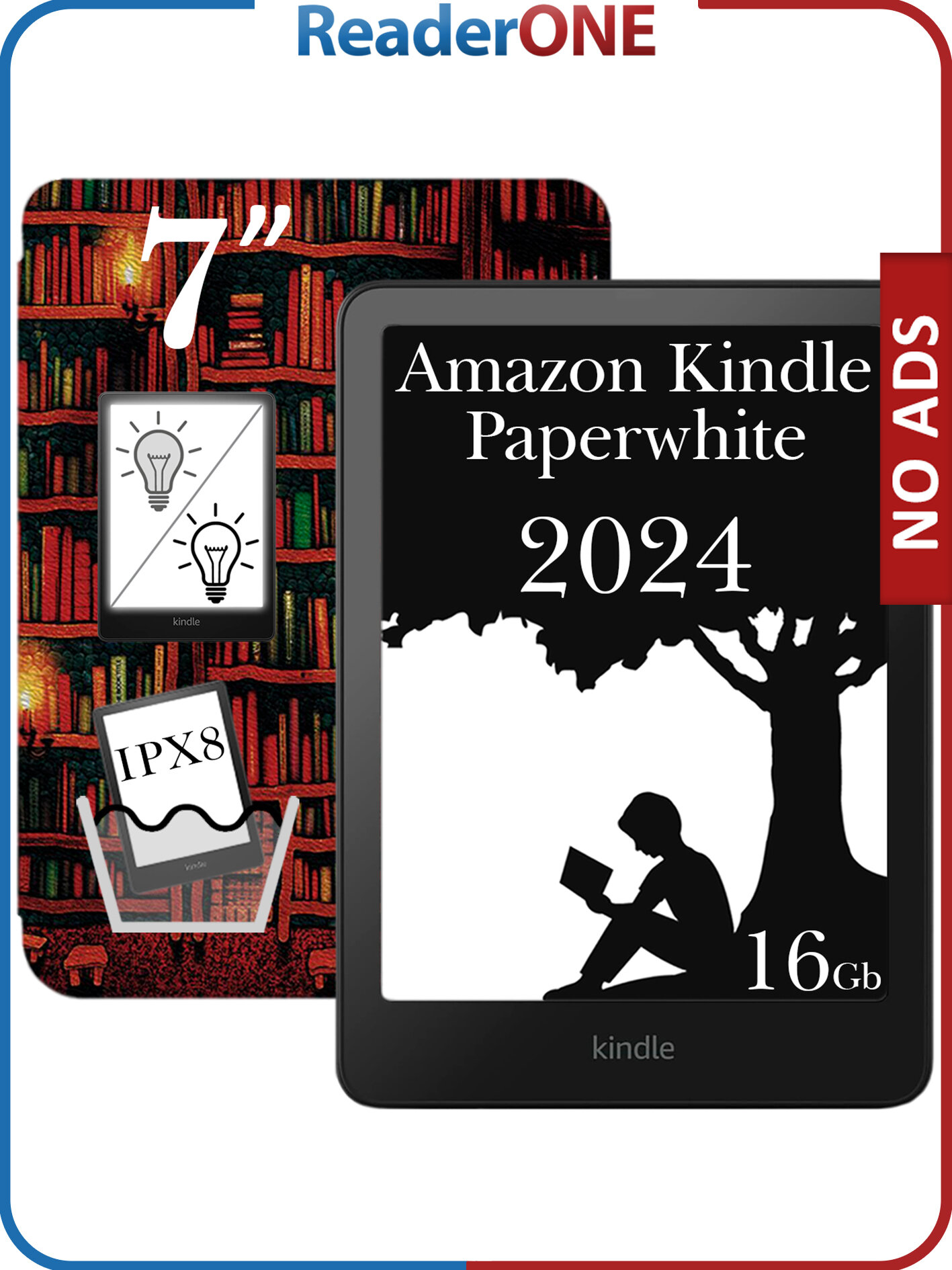 Электронная книга Amazon Kindle PaperWhite 12 2024 16Gb Black, версия без рекламы с обложкой ReaderONE PW 2024 Library