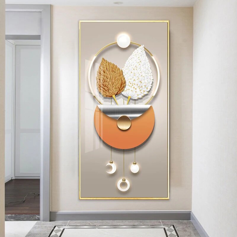 Абстрактная картина QIPINGART, современный стиль, холст, белые перья, золото