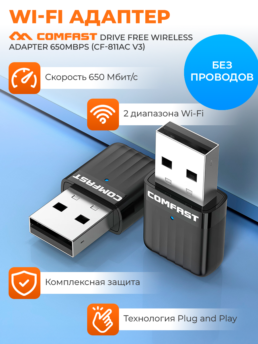 Wi-Fi адаптер COMFAST Drive Free Wireless Adapter 650Mbps (CF-811AC V3)