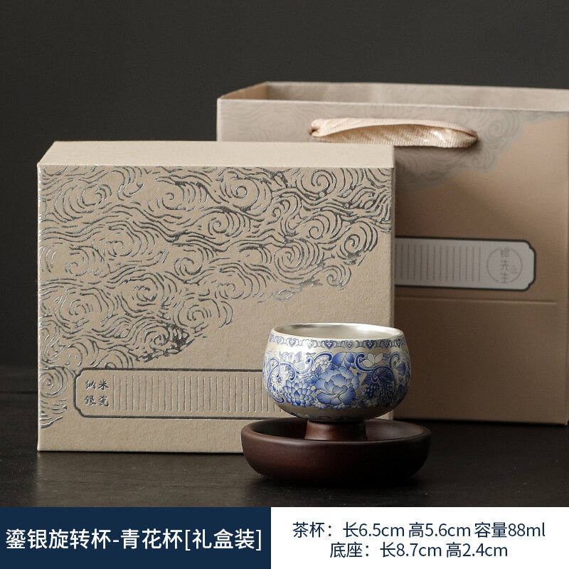 999 Чистое серебро Чайная чашка Одиночная чашка Счастье приходит и уходит Позолоченный керамический чайный набор Высококачественная мастерская чашка 360-градусная вращающаяся чашка