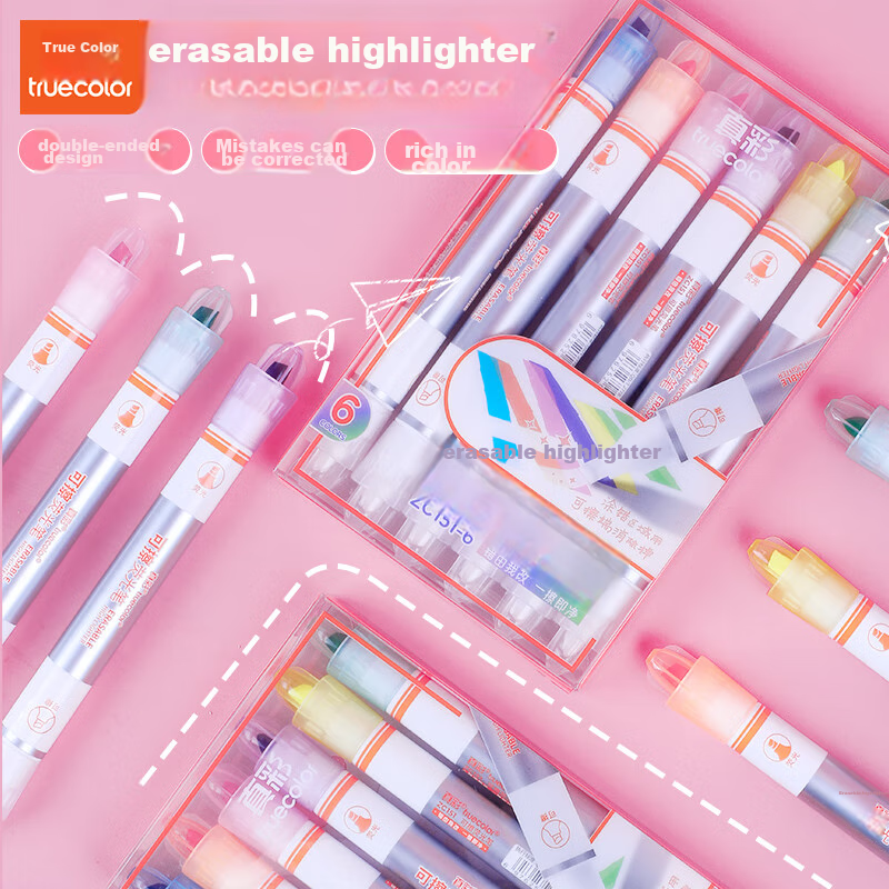 TRUECOLOR Erasable Highlighter Marker Pen, Candy Color Dual-Tip Colored Pen, Journal Pen, Word Pen, Thick Line Highlighting Set, Marker Pen, Colorful Student Pen, ZC151-6 Colors