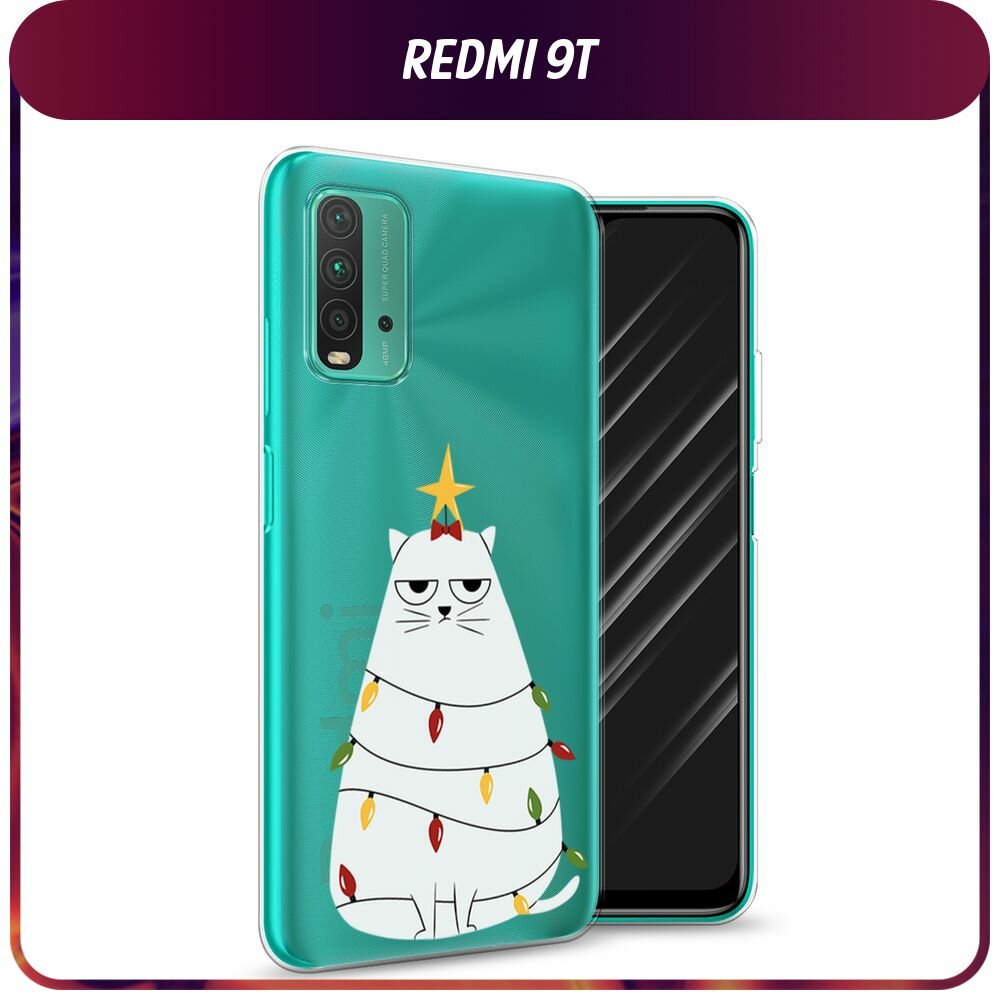 Чехол на Xiaomi Redmi 9T / Сяоми Редми 9Т с принтом Котик в гирлянде, прозрачный