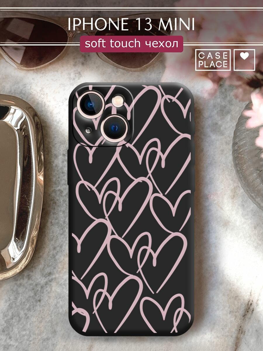 Чехол на Apple iPhone 13 mini / Айфон 13 Мини с принтом "Hearts doodle pink 1"
