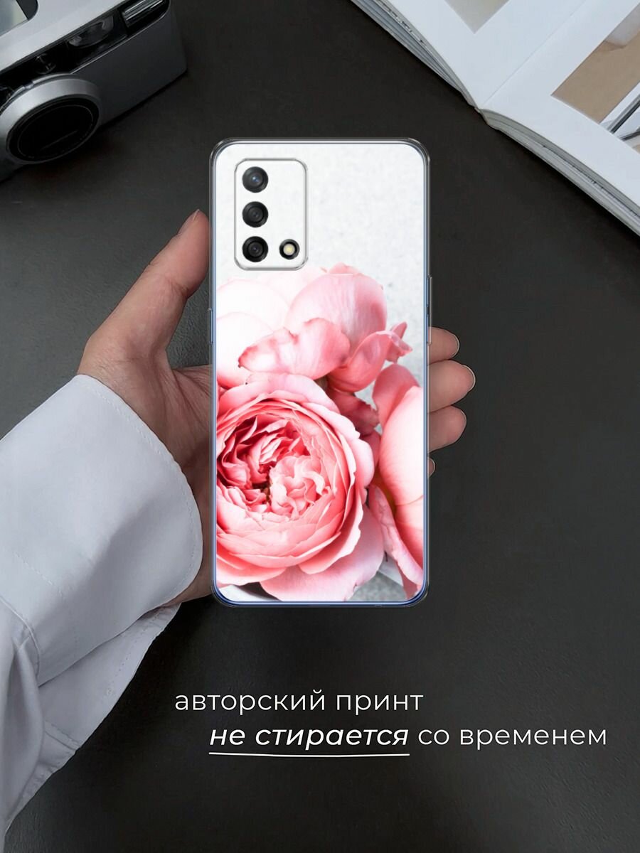 Силиконовый чехол на Oppo A74 / Оппо A74 с принтом "Пионы на белом" — фото 1