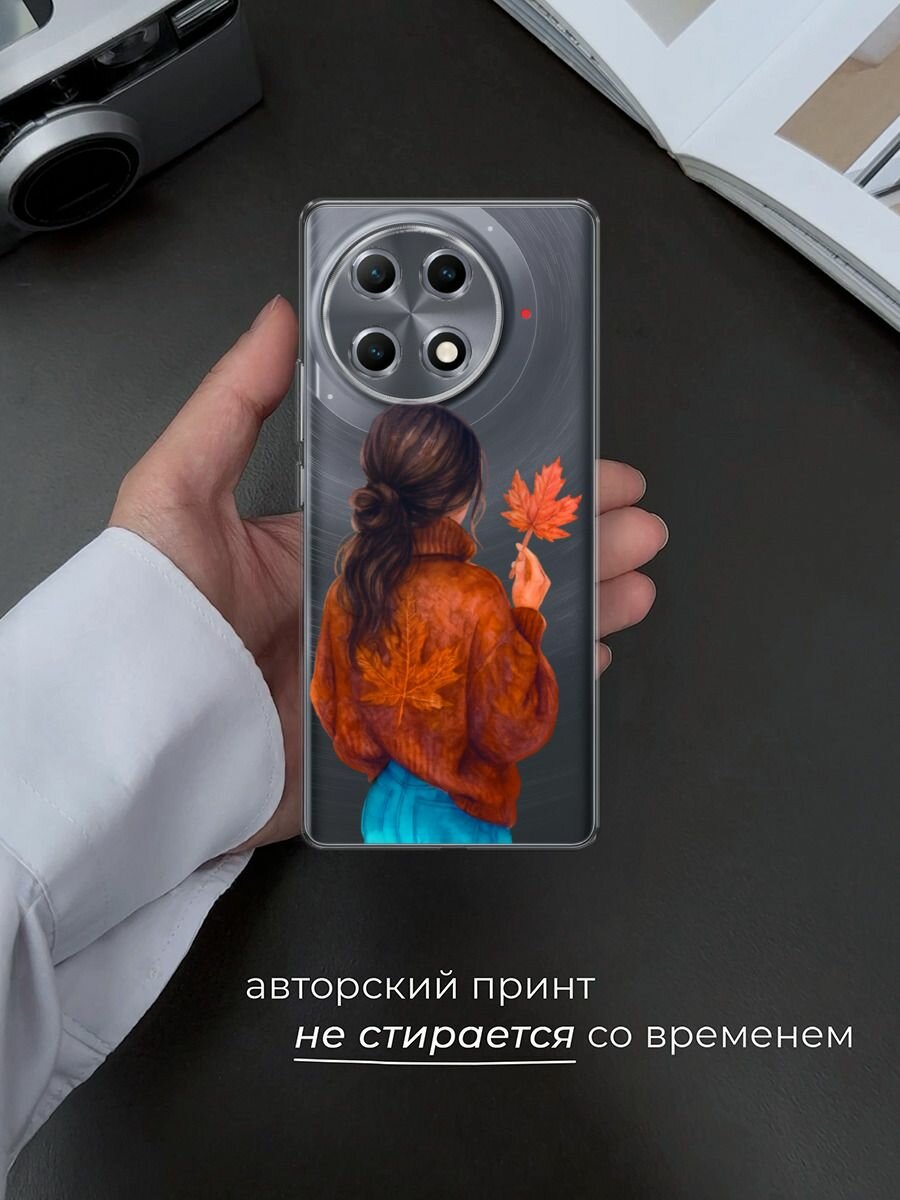 Чехол на Tecno Camon 30S / Текно Камон 30S с принтом "Девушка с опавшим листом", прозрачный — фото 1