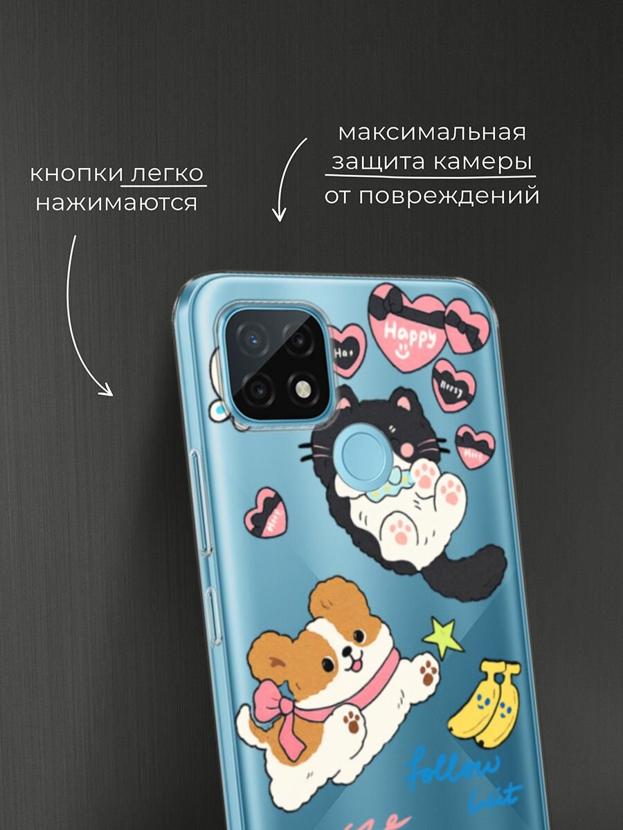 Чехол на Realme C21 / Реалми С21 с принтом "Кудрявые животные", прозрачный — фото 1