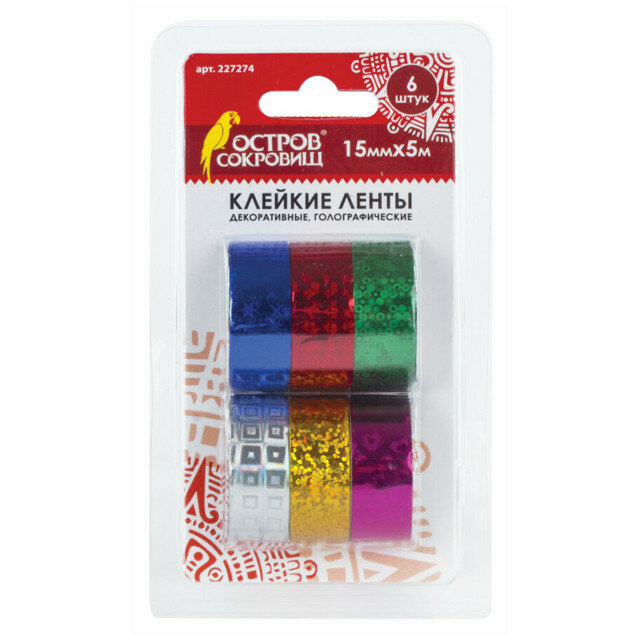 Лента клеящая п/п декоративная голографическая, 6 шт, 15 мм x 5 м, в ассортименте