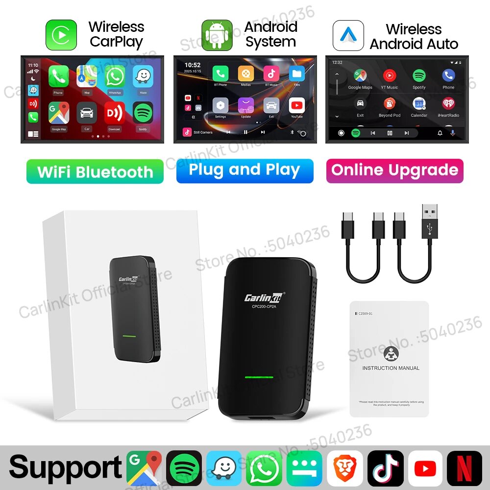 CarlinKit CP2A Pro Android TV Box и беспроводной адаптер Android Auto и CarPlay 3-в-1 Wireless Auto Connect для Netflix Smart Ai Box