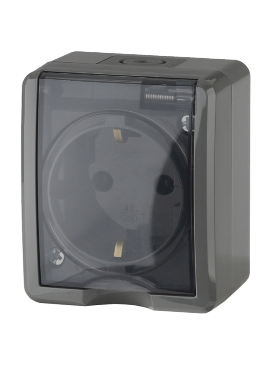 Розетка ЭРА "Эксперт", с заземлением, 16A, 250В, IP54, крышкой и шторками, серый