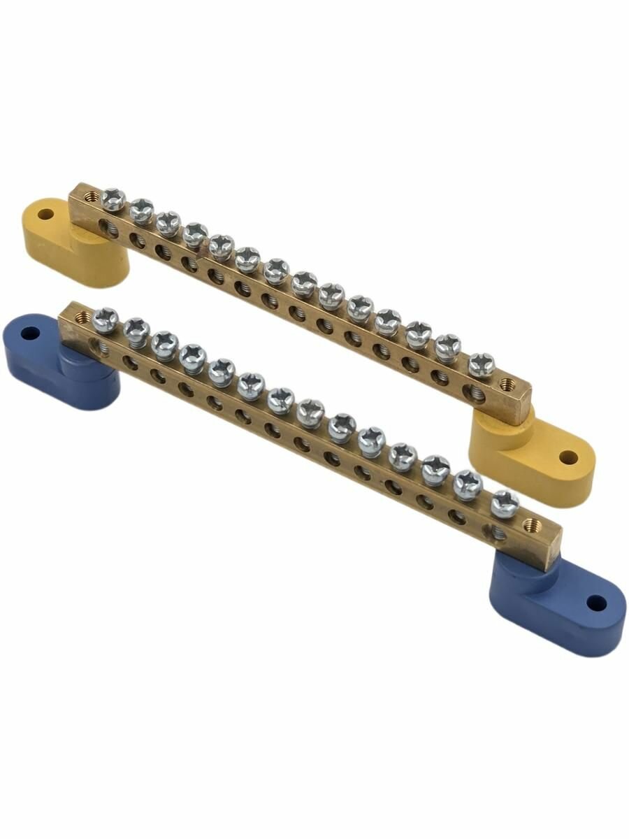 Шина "0" PEN (6х9х117мм) с изолятором 14 отверстий латунь 2 отверстия крепление по краям, 2 шт.