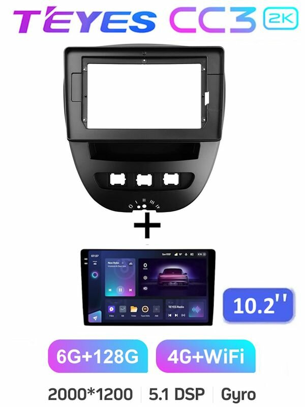 Магнитола Teyes CC3 2K 6/128 Gb 10.4" для Peugeot 107, Toyota Aygo 2005-2014 2 din