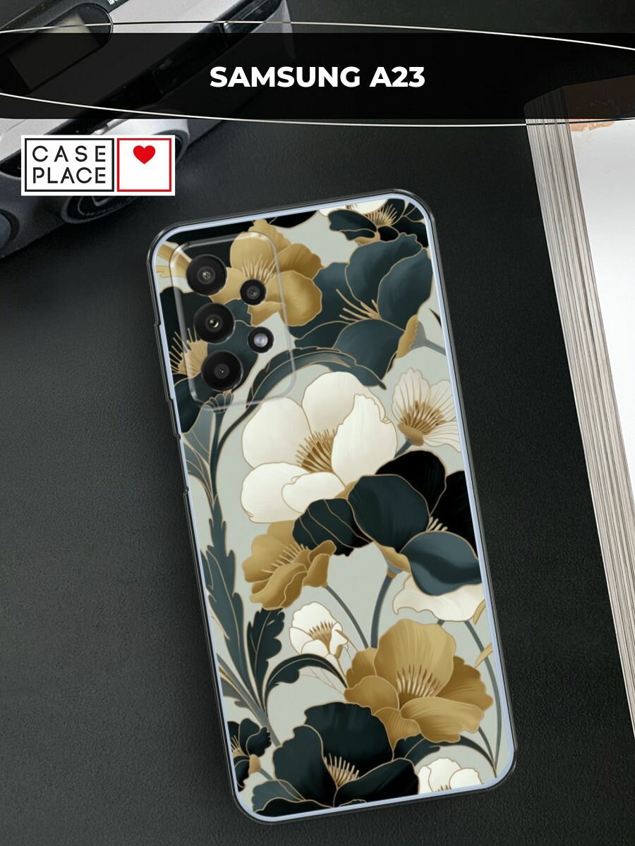 Чехол на Samsung Galaxy A23 / Самсунг Галакси А23 с принтом Золотые и белые цветы