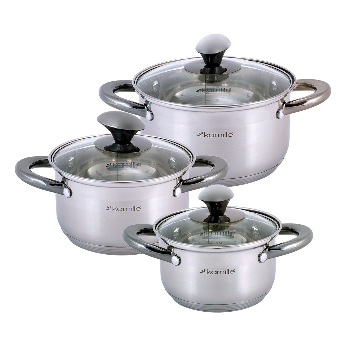 Набор кастрюль 6 предметов Kamille KM 4926 (1 л; 1,5 л; 2 л.) из нержавеющей стали с черными ручками (серебристый)