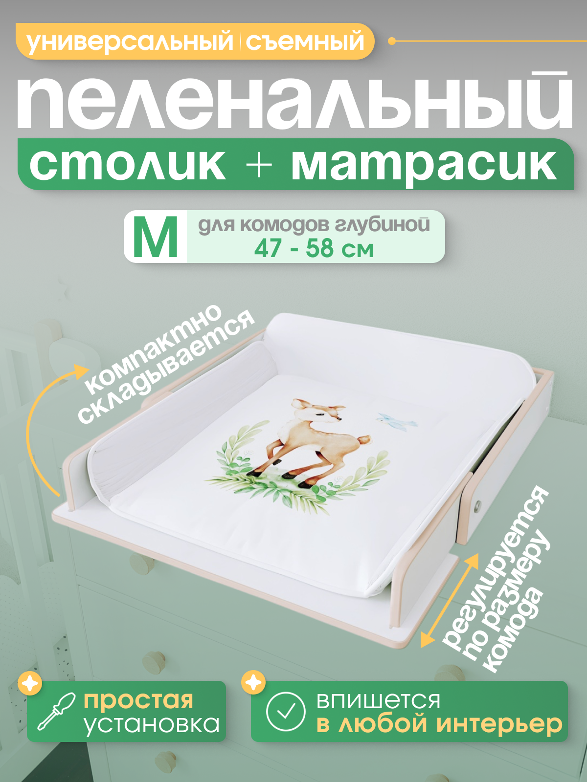 Пеленальная доска на комод съемная с белым матрасиком