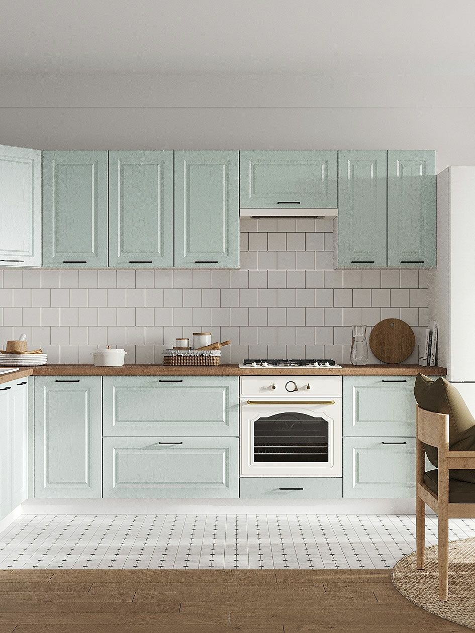 Кухонный гарнитур угловой Шервуд 3х1.8 м, мебель для дома и кухни, Белый / Деним голубой