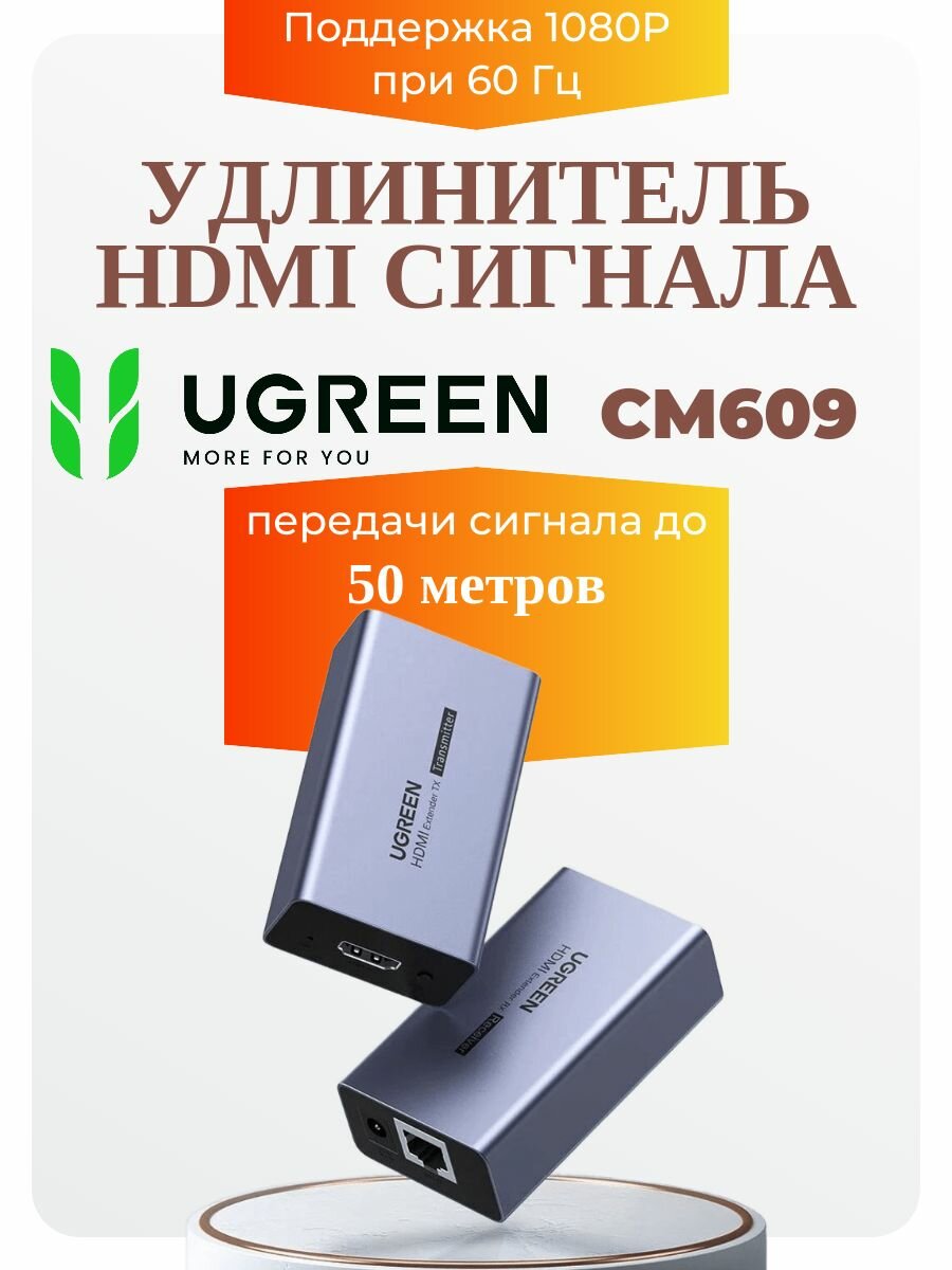 Удлинитель HDMI сигнала UGREEN CM609 (90811EU) HDMI Extender 50m Over a Single Cat5e/6 50m (EU). Цвет: серый