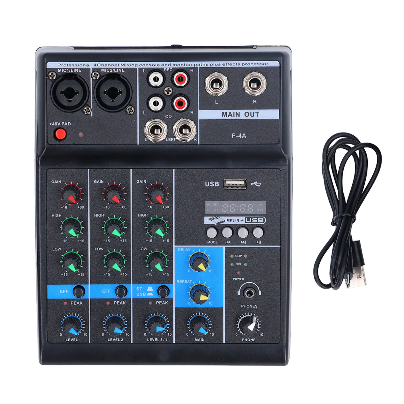 Sound Mixer USB BT 4 -канальный звуковой консоль канала с кнопкой Phantom 48 В для выступления на сцене