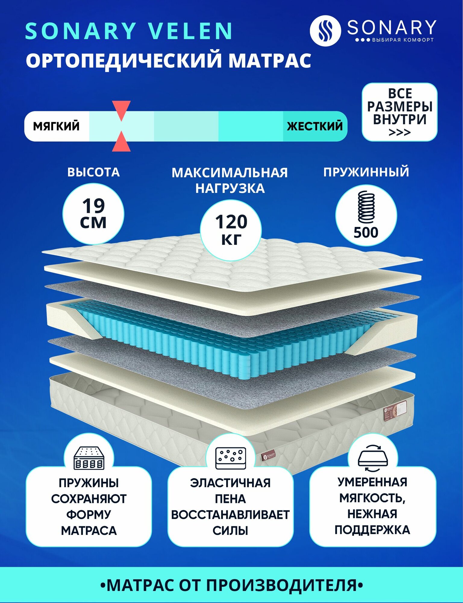 Матрас Sonary Velen 120х210 серии Urban высота 19 см анатомический средней жесткости Независимые пружины