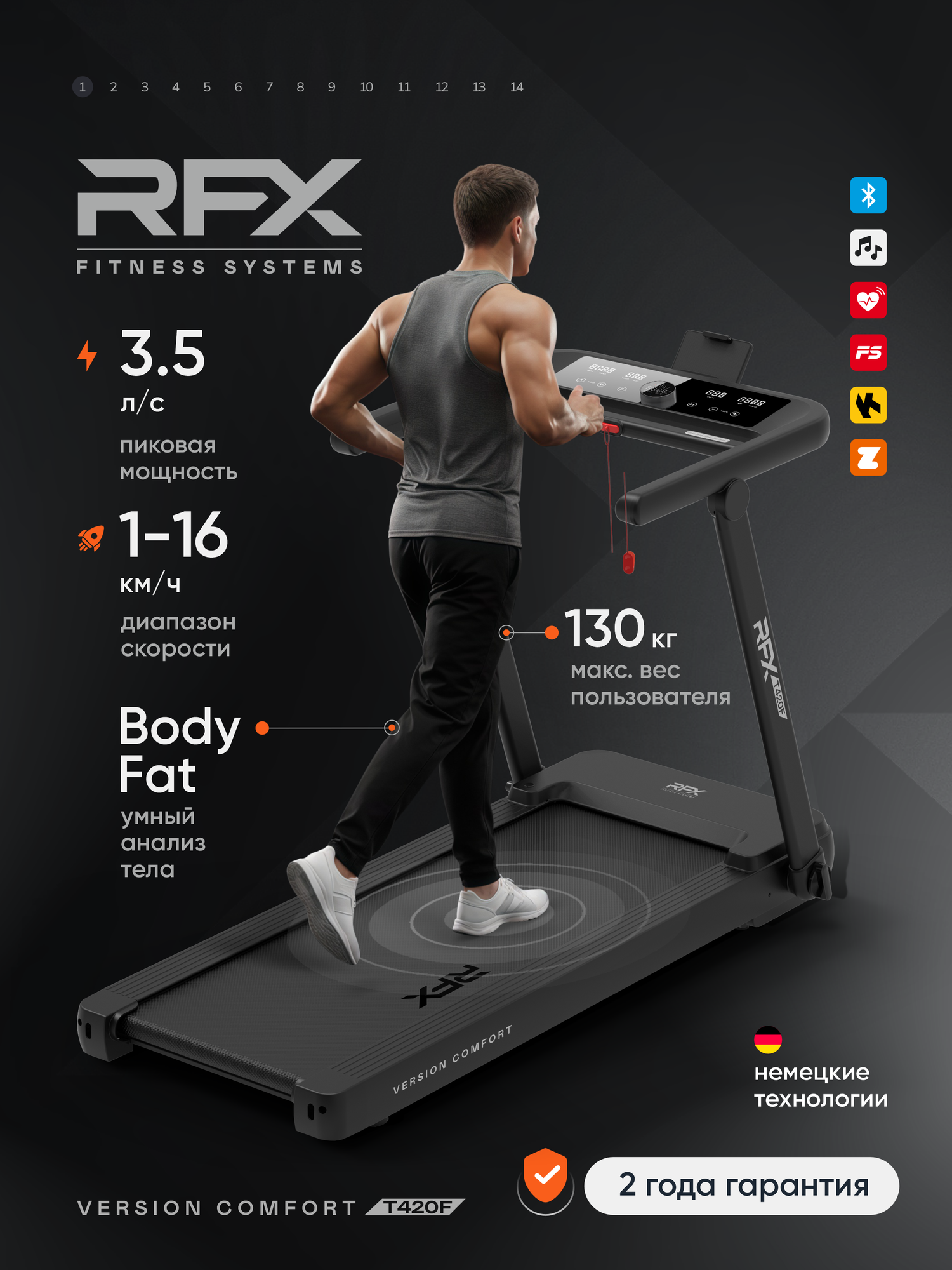 Беговая дорожка RFX T420F, электрическая, складная, для дома, 130кг, 14 программ