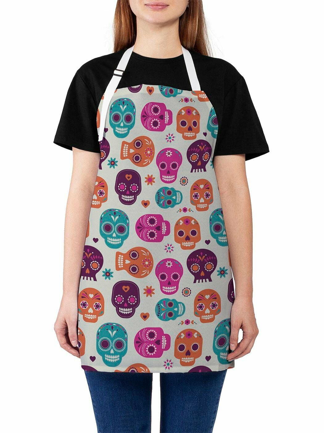 Фартук для кухни тканевый "Яркие черепа" / водоотталкивающий, универсальный размер , JoyArty