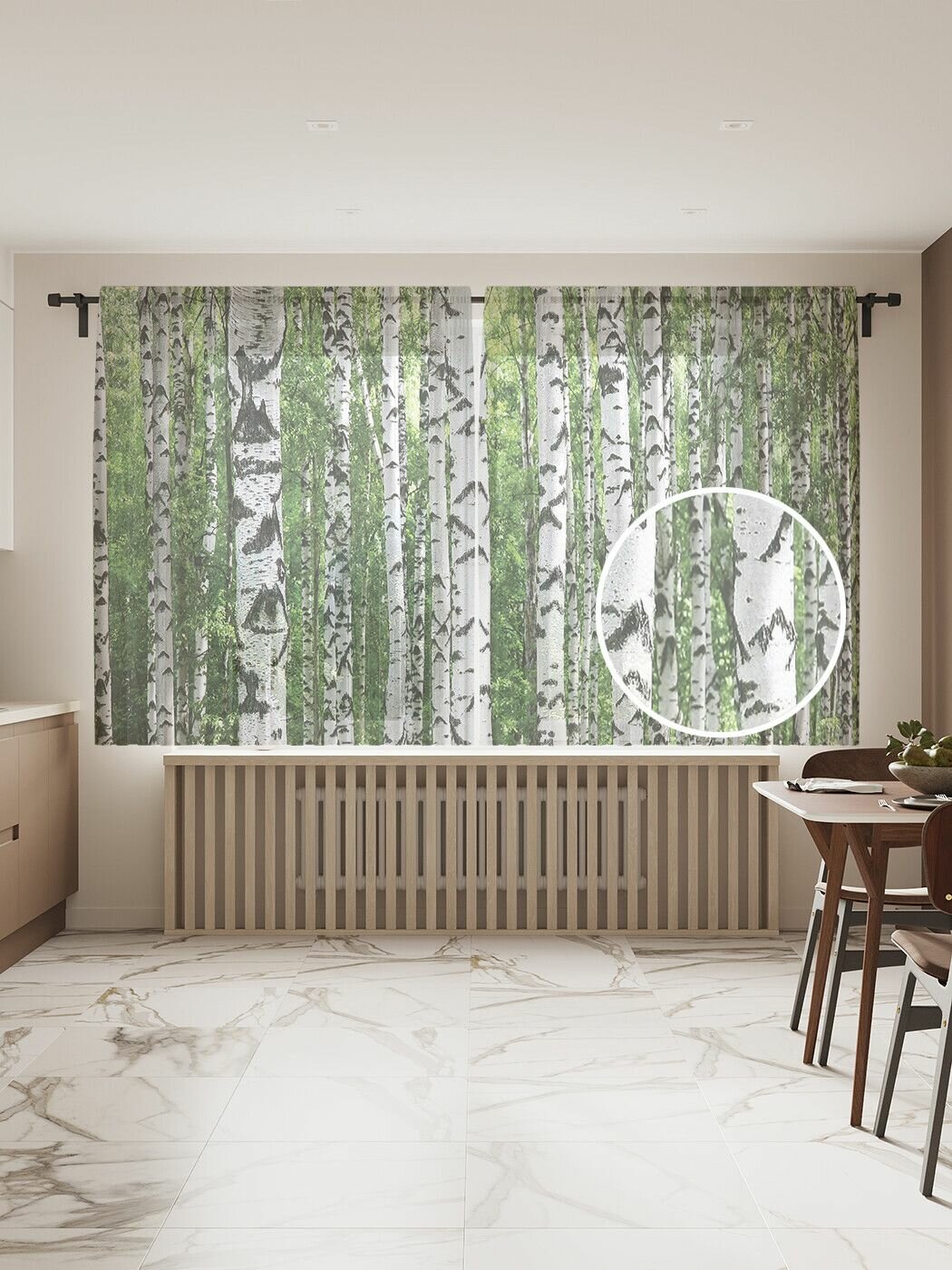 Тюль, фототюль короткий JoyArty "Березовый лес" высота 180 см, ширина 145 см (2 полотна) на шторной ленте, крючки в комплекте