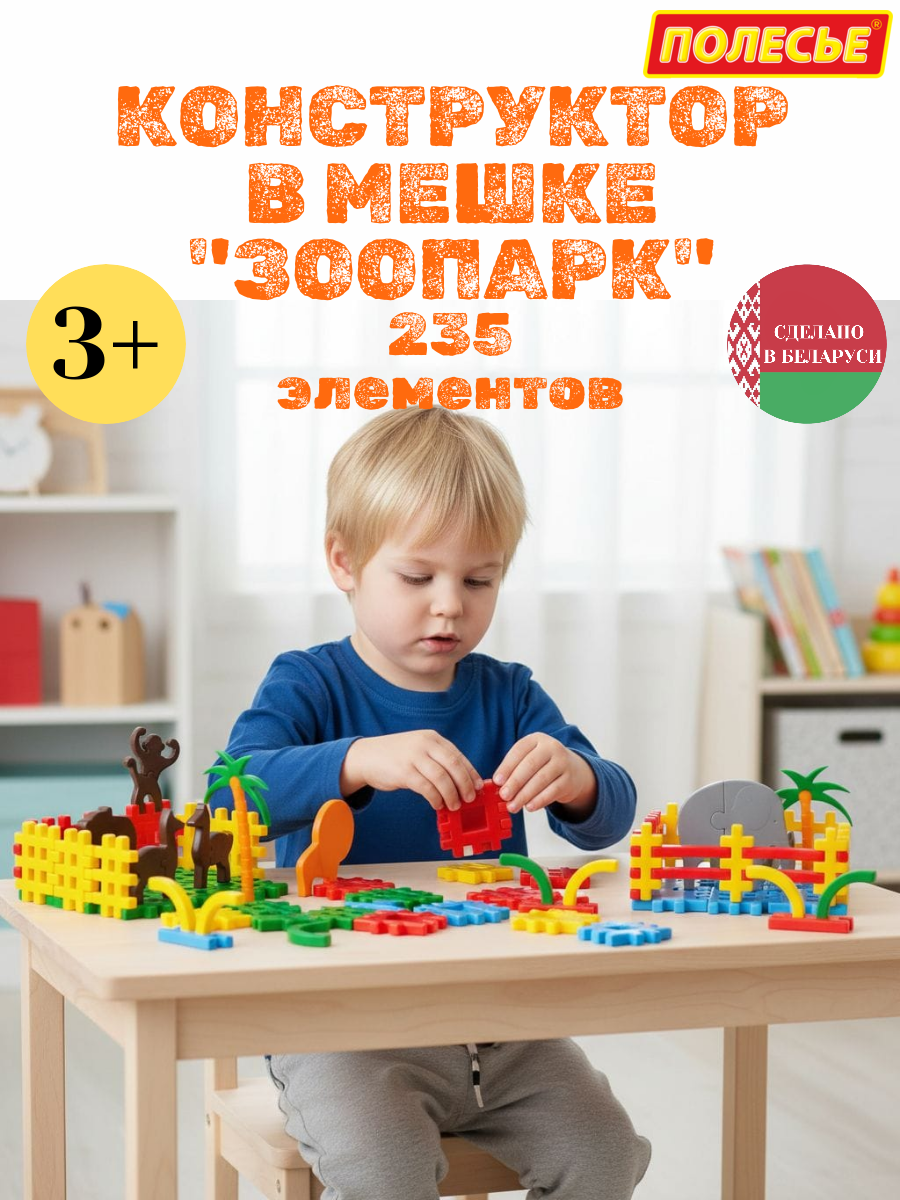 Конструктор Полесье "Зоопарк", 235 деталей, пластик/полимер, для детей от 3 до 10 лет