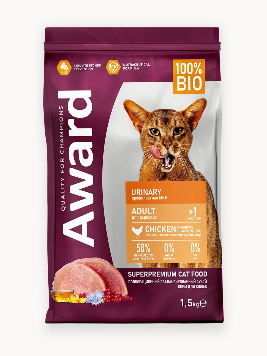 Сухой корм Award Urinary для взрослых кошек для профилактики МКБ Курица, 1,5 кг.
