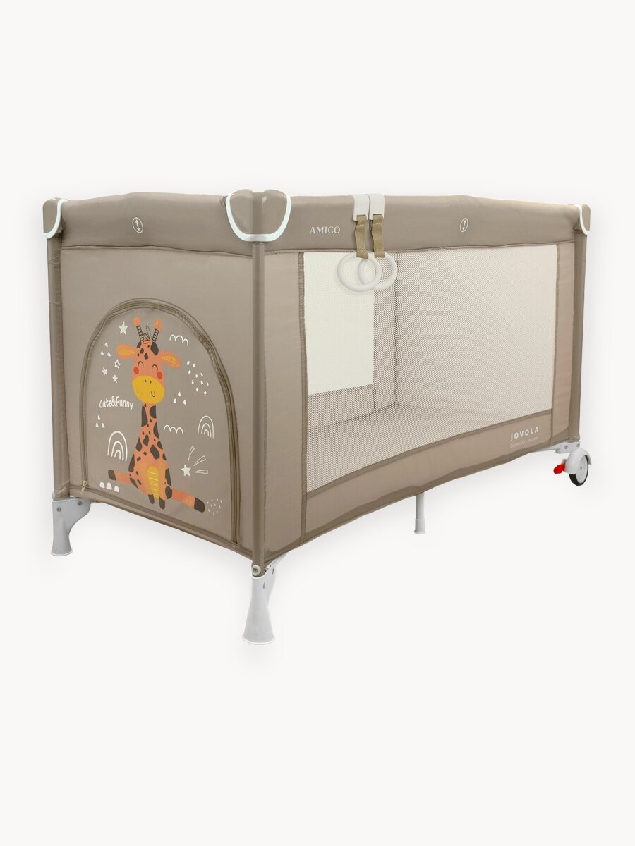 Манеж кровать детский JOVOLA AMICO , для новорожденных, с матрасом и москитной сеткой, складной, 1 уровень, бежевый