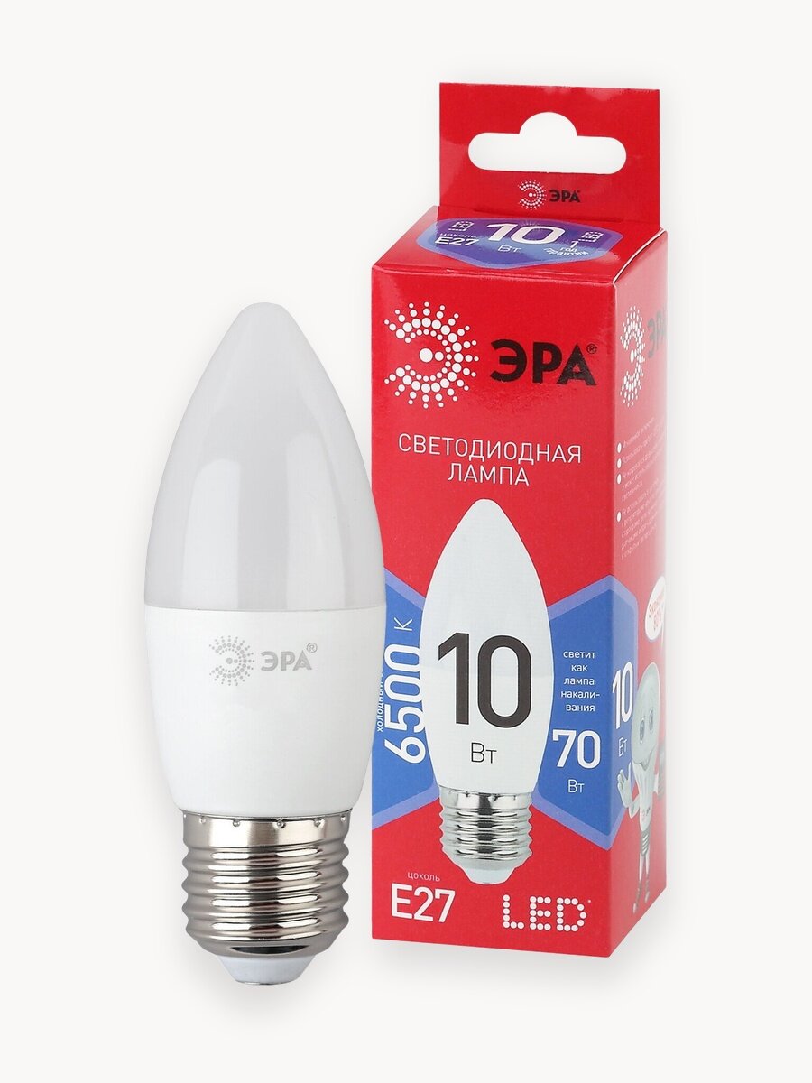 Лампочка светодиодная ЭРА LED Е27 B35 10Вт свеча 6500К холодный белый свет, 1 шт
