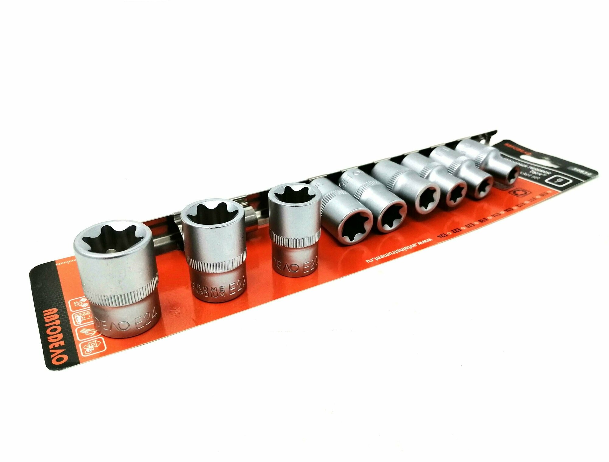 Набор головок TORX E10-E24, DR1/2", 9 предметов на планке Автодело