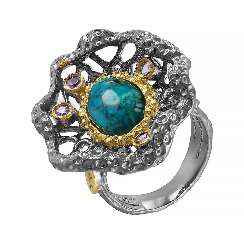 Кольцо, серебро, 925 проба, аметист, хризоколла
