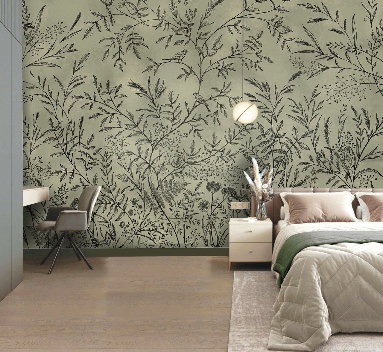 Фреска бесшовная "Птички в полевых цветах" бежево-серый (ширина 3100мм х длина 4000мм)