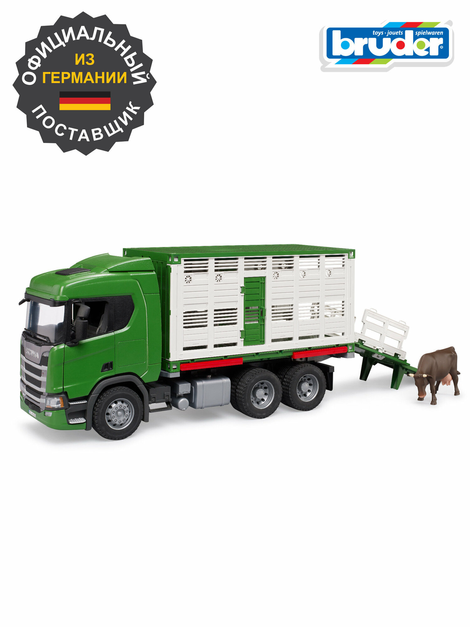 Брудер, грузовик Scania для перевозки животных с коровой, Bruder