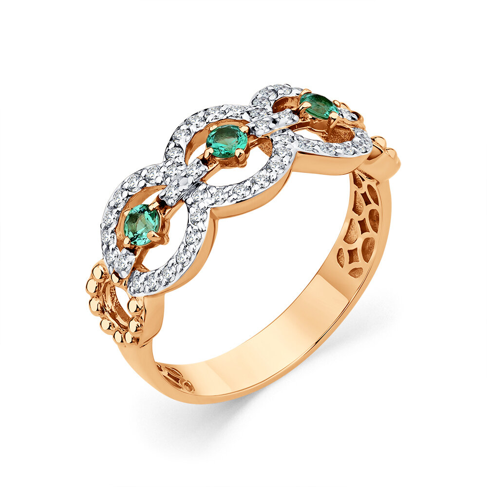 Кольцо, красное золото, 585 проба, изумруд, бриллиант