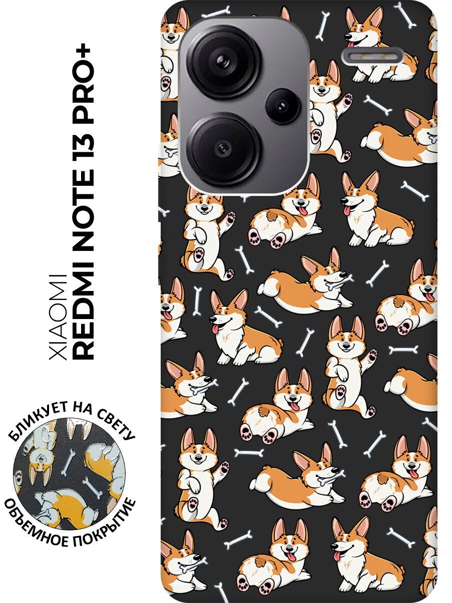 Силиконовый чехол на Xiaomi Redmi Note 13 Pro + / Сяоми Редми Ноут 13 Про + с рисунком "Corgi Pattern" Soft Touch черный
